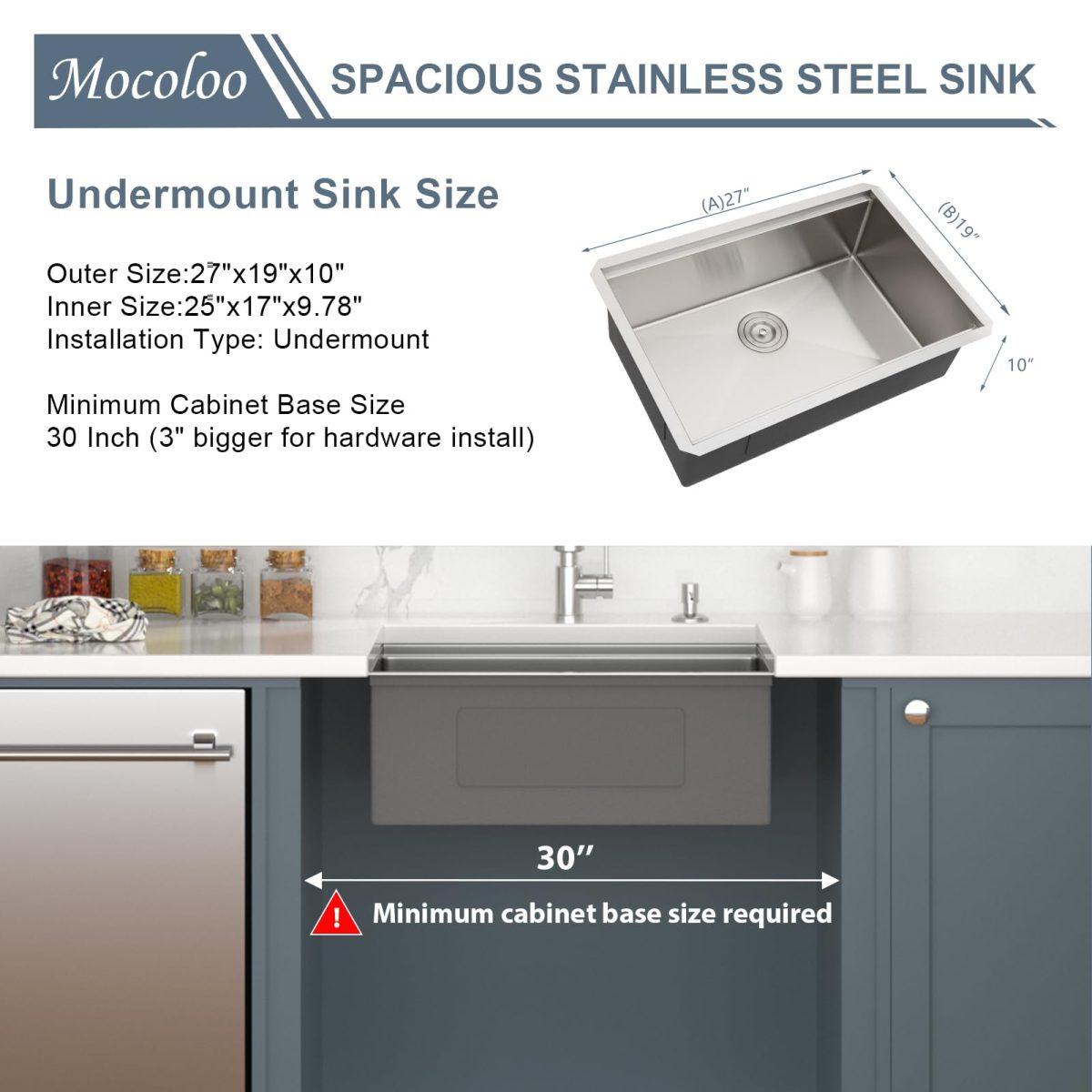 Mocoloo 27 Kitchen Sink Stainless Steel 27×19 Inch Undermount Sink 16 ...